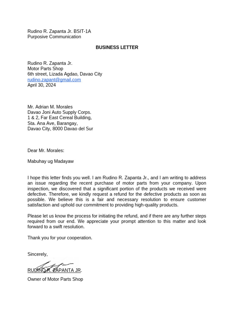 Business Letter Purposive | PDF