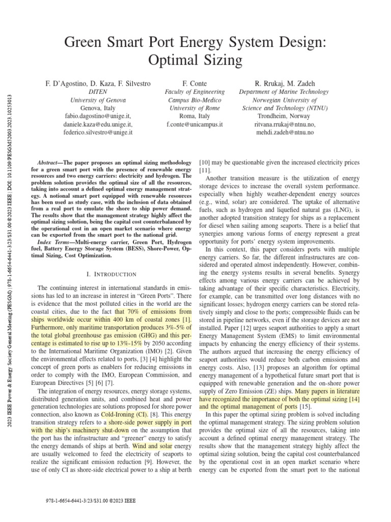 Green Smart Port Energy System Design Optimal Sizing | PDF