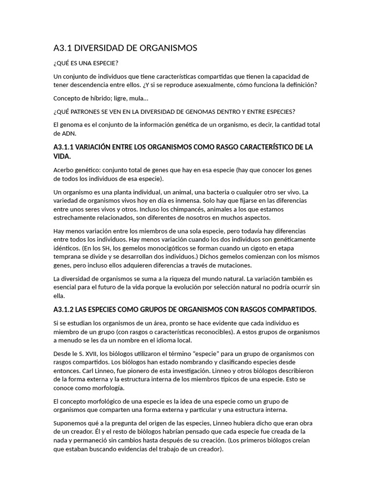 A3.1 Diversidad de Organismos | PDF