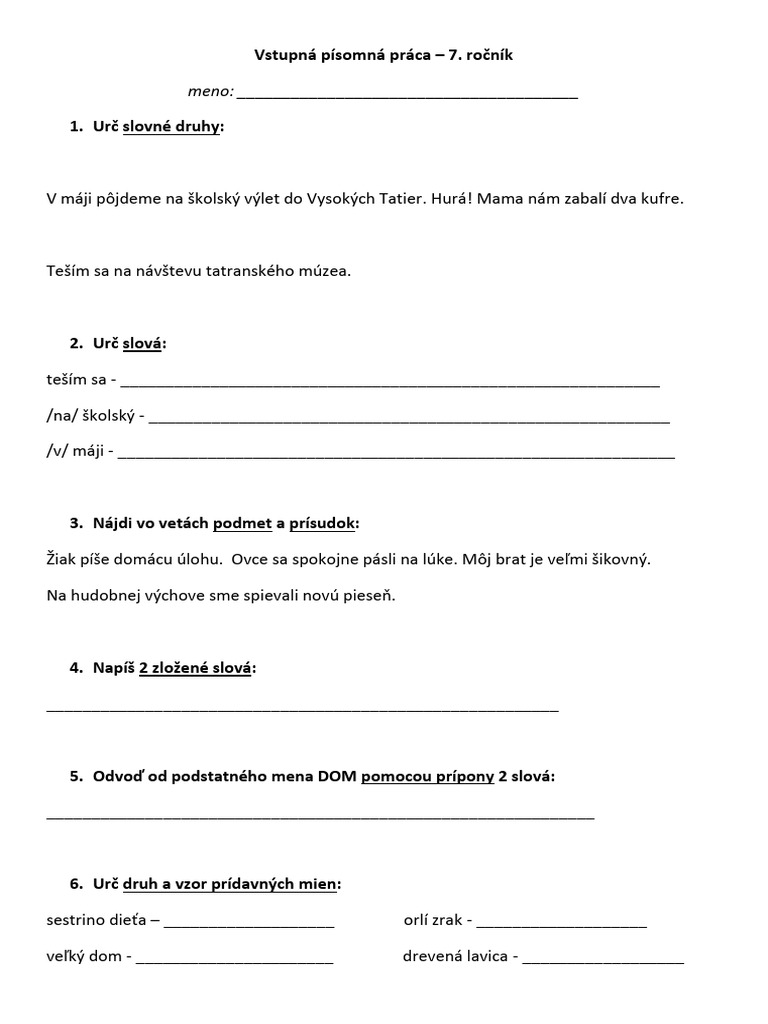 SJL - Vstupny Test - 7. Rocnik | PDF