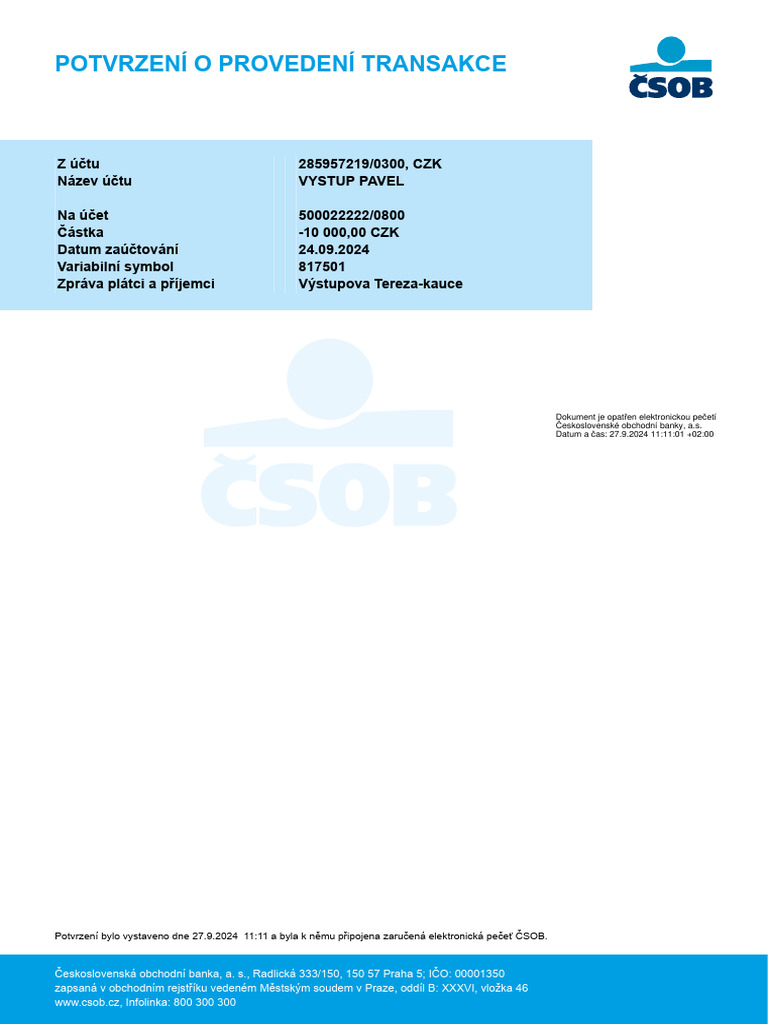 Csob Potvrzeni o Transakci | PDF