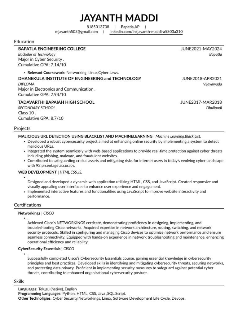 M Jayanth Resume | PDF