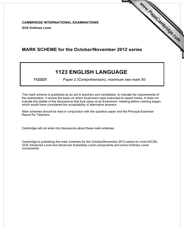 1123 English Language: MARK SCHEME For The October/November 2012 Series | PDF