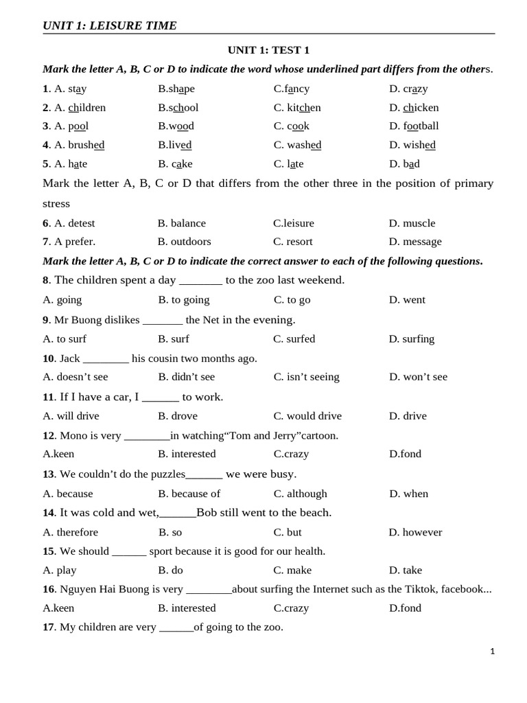 Bài tập bổ trợ anh 8 Global UNIT 1 (PRACTICE TEST) | PDF