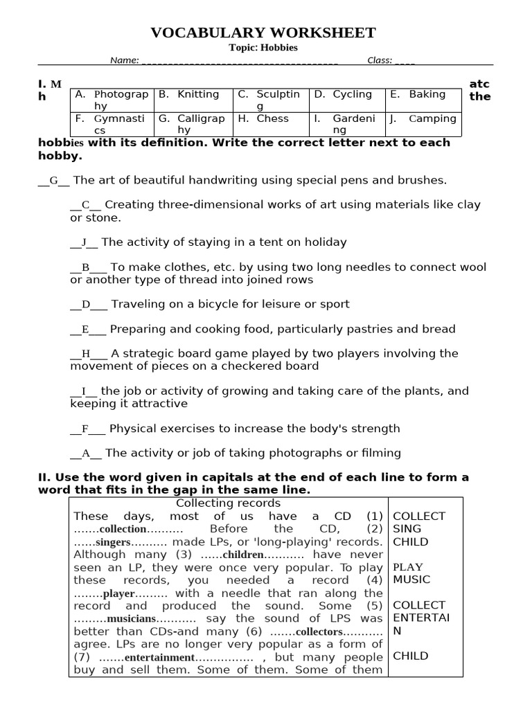 Worksheet - Vocabulary About Hobbies (KEY) | PDF
