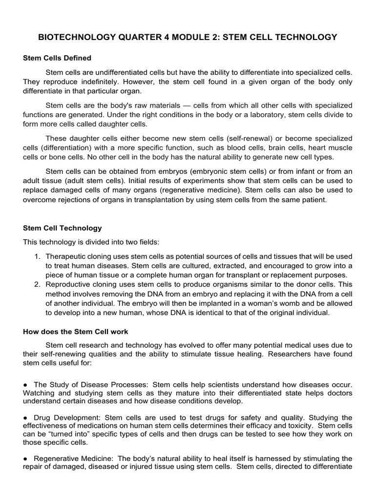 Biotechnology Quarter 4 Module 2: Stem Cell Technology | PDF