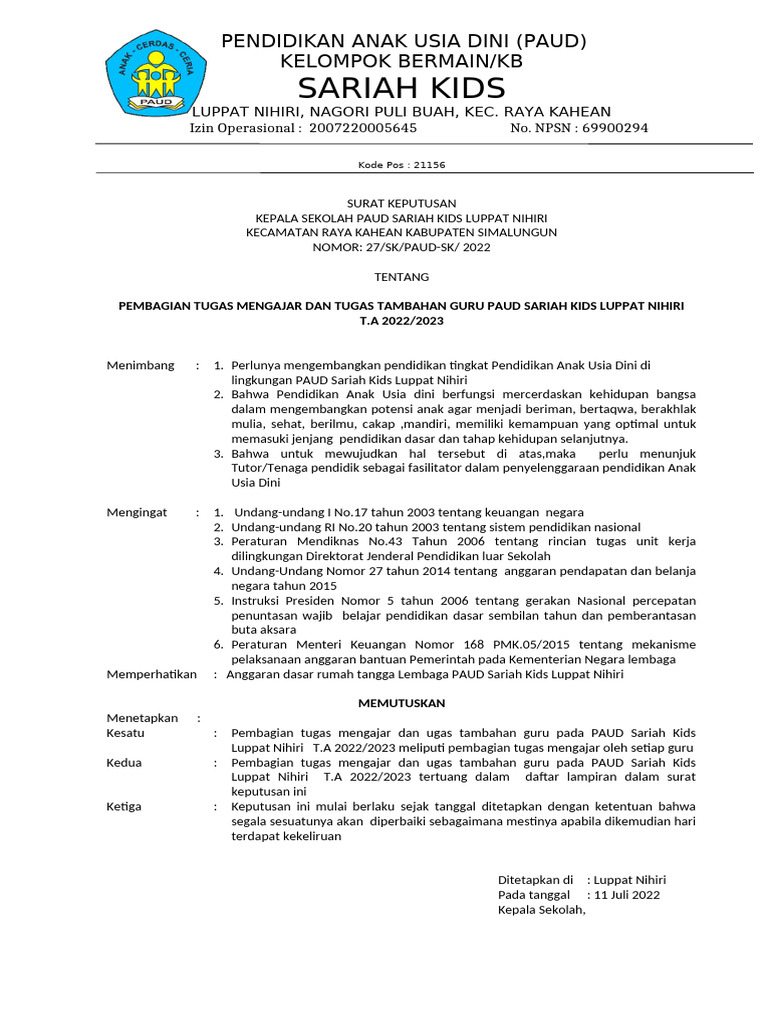 Sariah Kids Pembagian Tugas | PDF