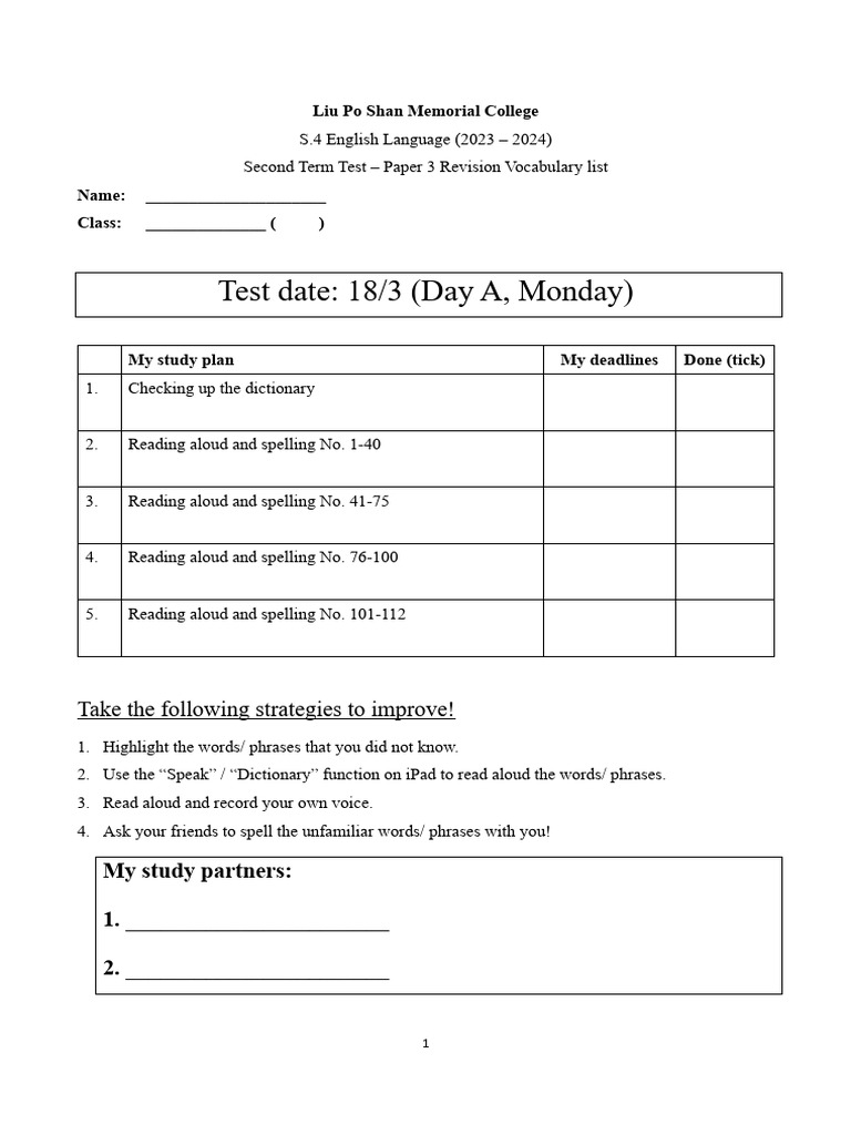 2324 - Second Term Test - Paper 3 Revision Vocabulary List 2 | PDF