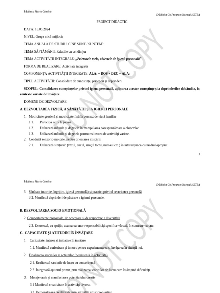 Proiect Didactic Igiena | PDF