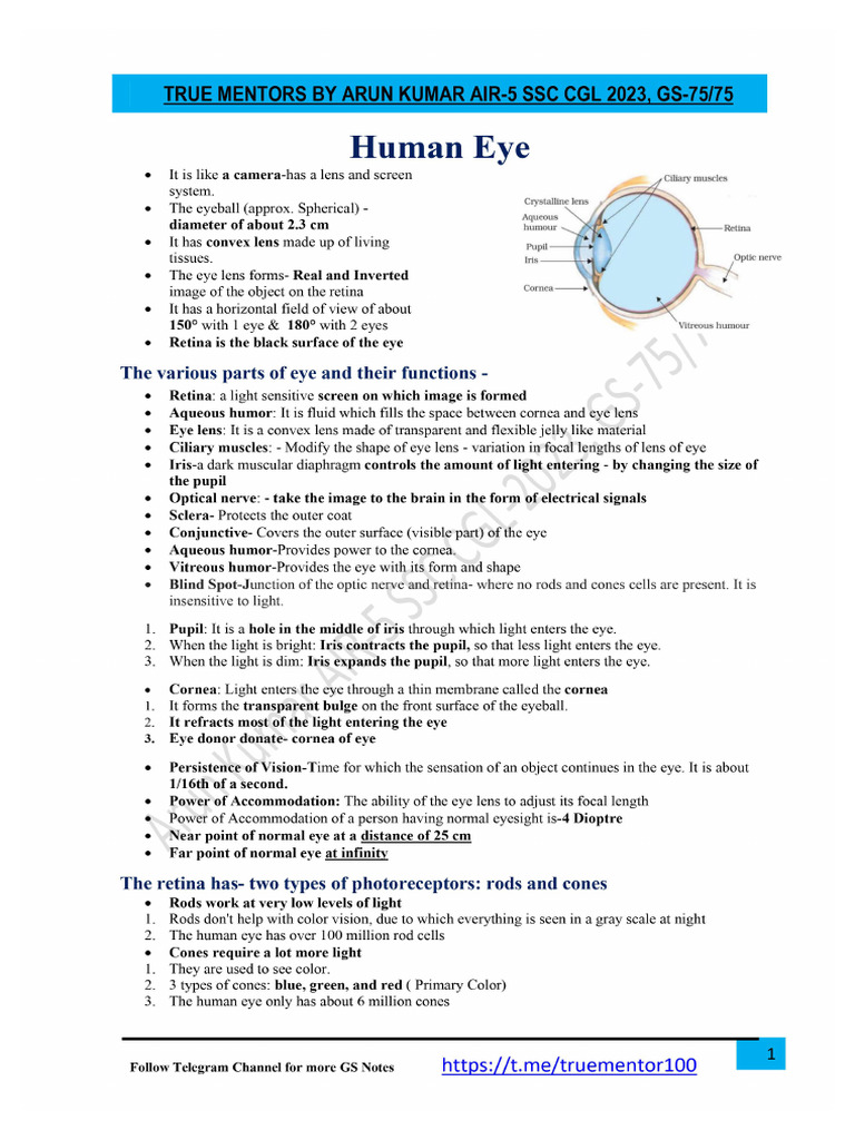 Human Eye Notes by Arun Kumar AIR-5 | PDF