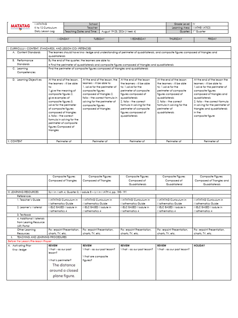 Matatag DLL Week 4 Math G4 | PDF