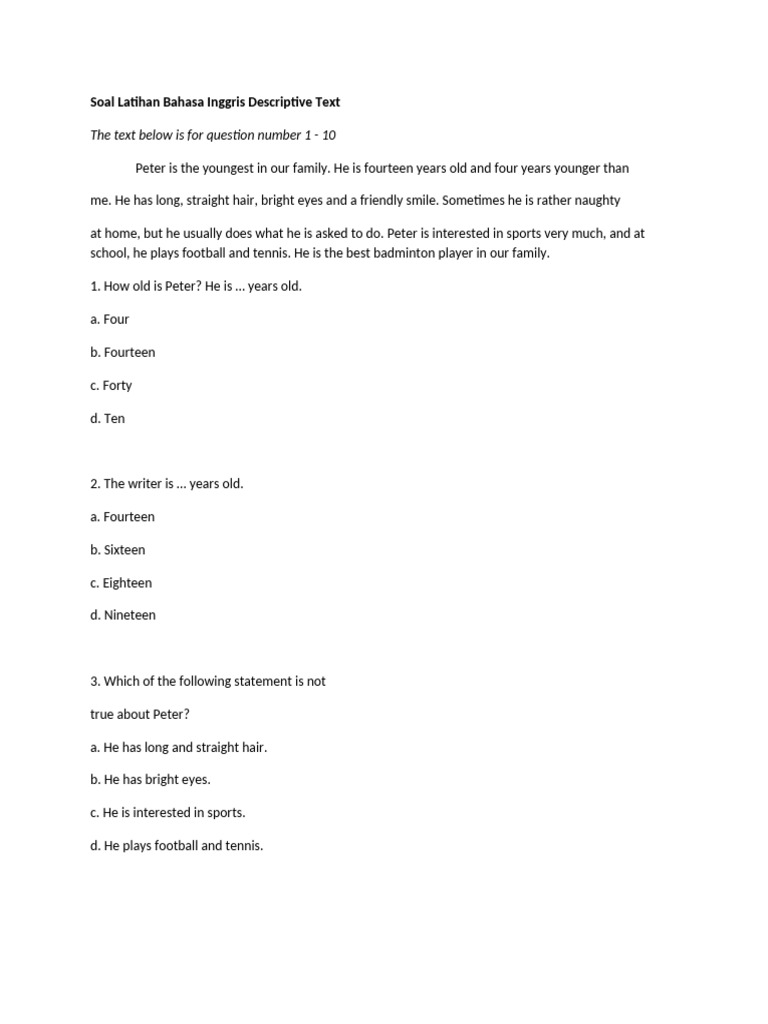 Soal Latihan Bahasa Inggris Descriptive Text | PDF