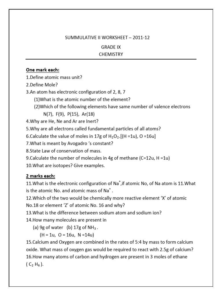 CBSE Class 9 Chemistry Worksheet - Revision | PDF CBSE Class 9 Chemistry Worksheet - Revision | PDF