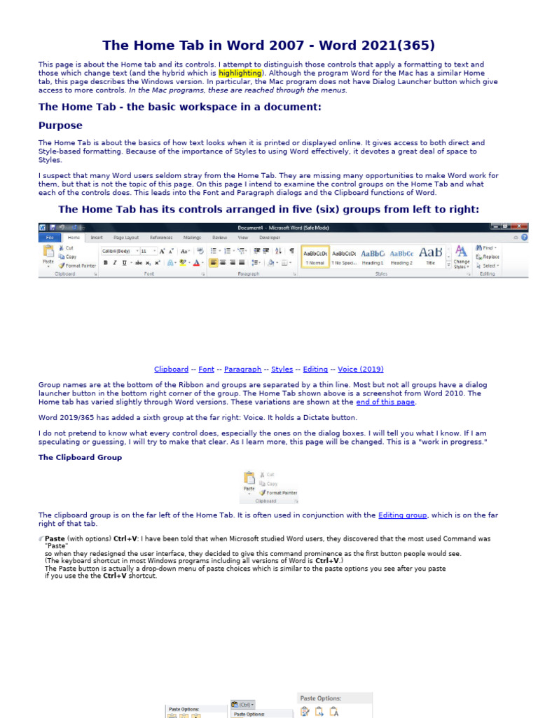 Microsoft Word Parts Home Tab | PDF