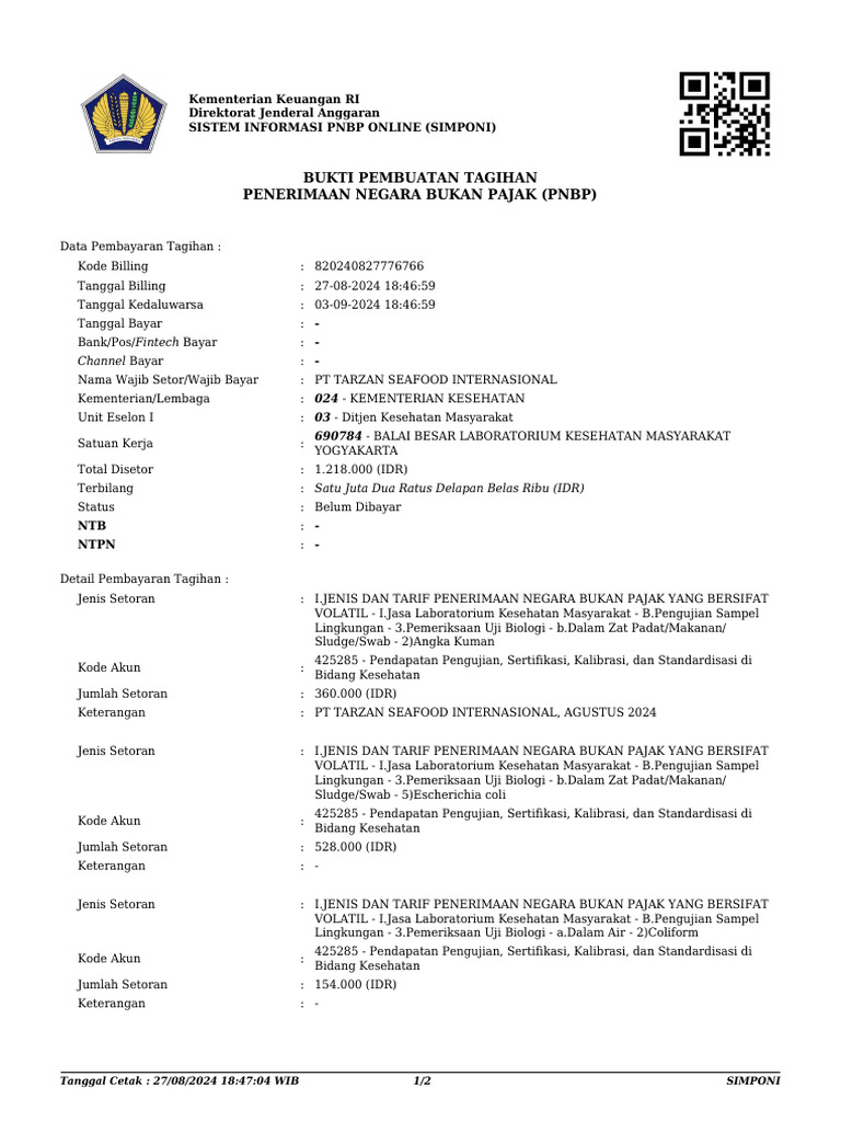 Billing PT Tarzan Seafood Internasional, Agustus 2024,820240827776766 | PDF