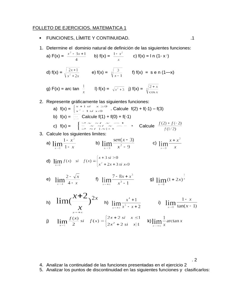 Folleto de Ejercicios Mat 1 | PDF