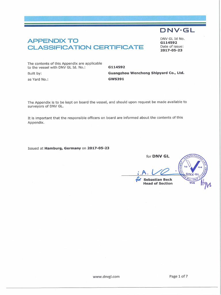 G114592 - Appendix To Classification Certificate | PDF