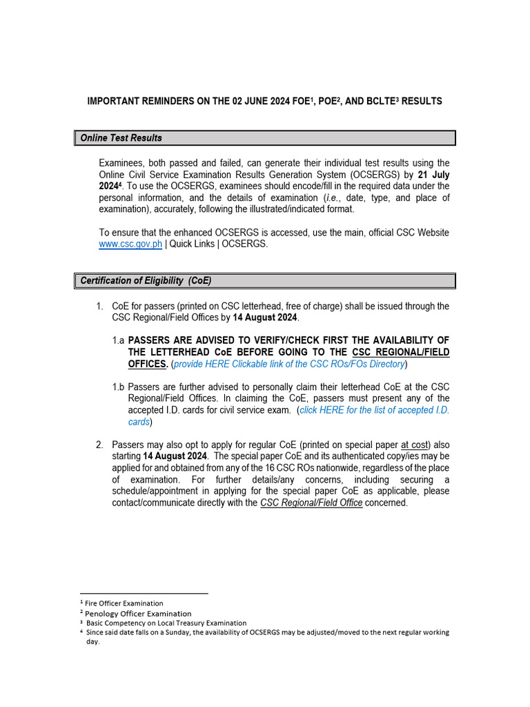 IMPORTANT REMINDER - 2024-0602 FOE, POE & BCLTE Results Posting | PDF
