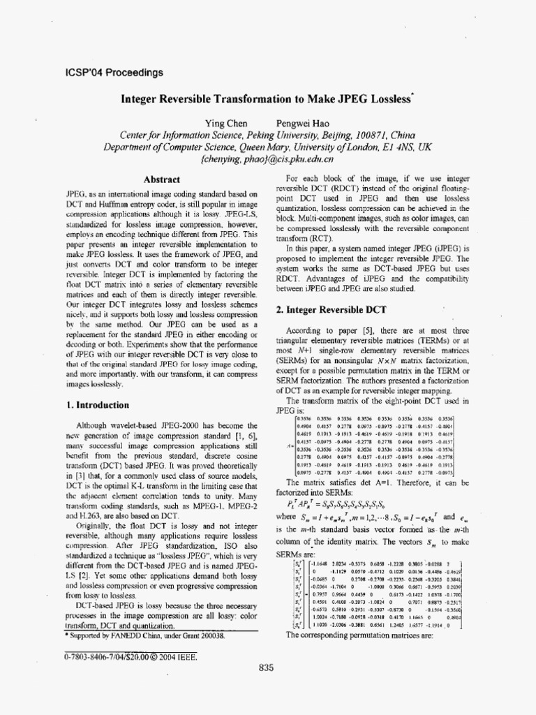 Integer Reversible Transformation Make JPEG Lossless : Center Beving, Computer | PDF