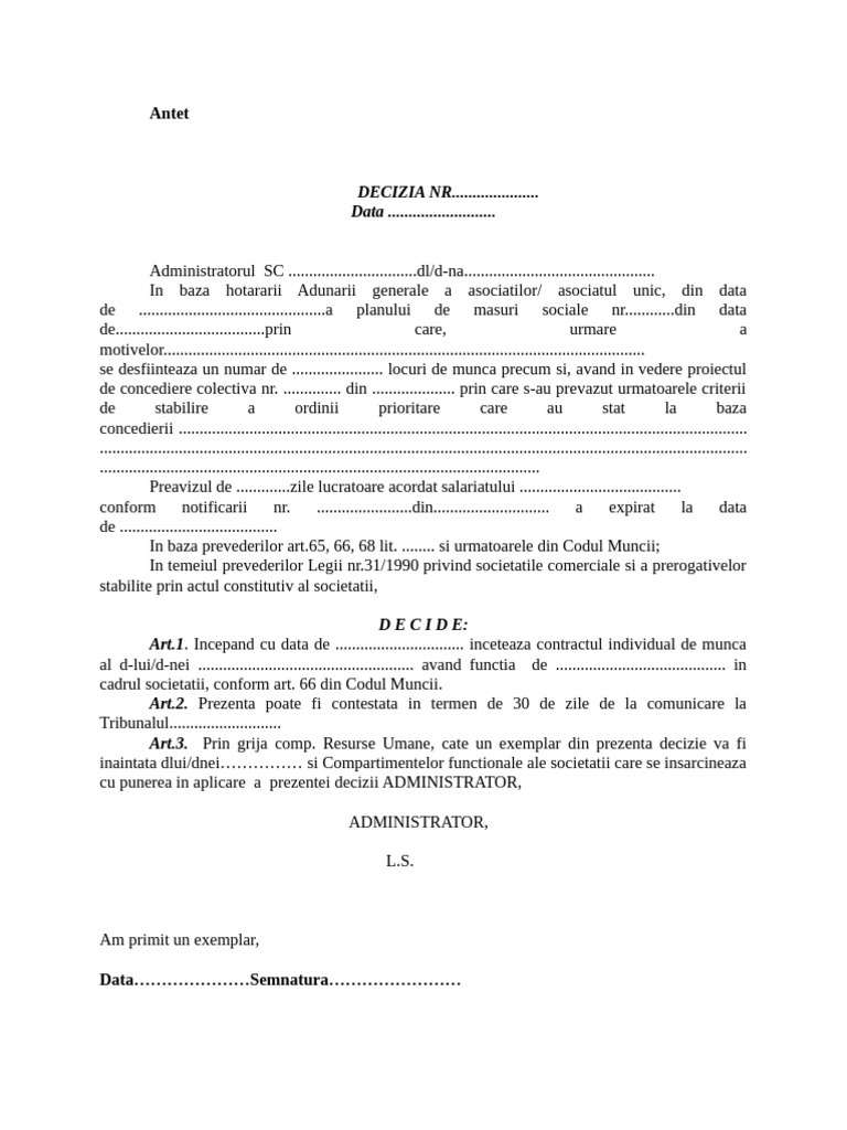 Model Decizie Concediere Colectiva | PDF