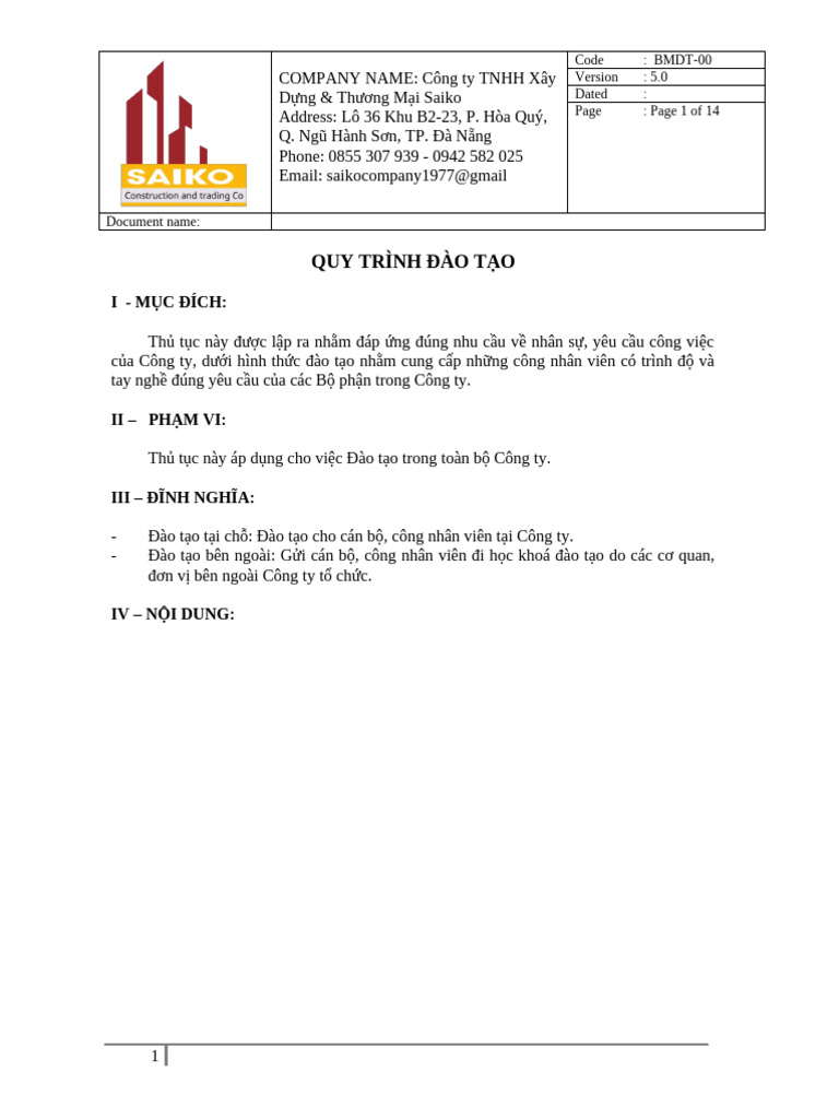 BMDT-00 Quy Trinh Dao Tao | PDF
