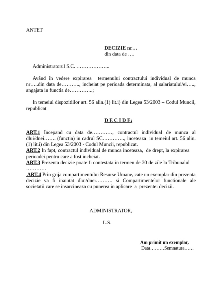 Model Decizie Incetare CIM de Drept | PDF