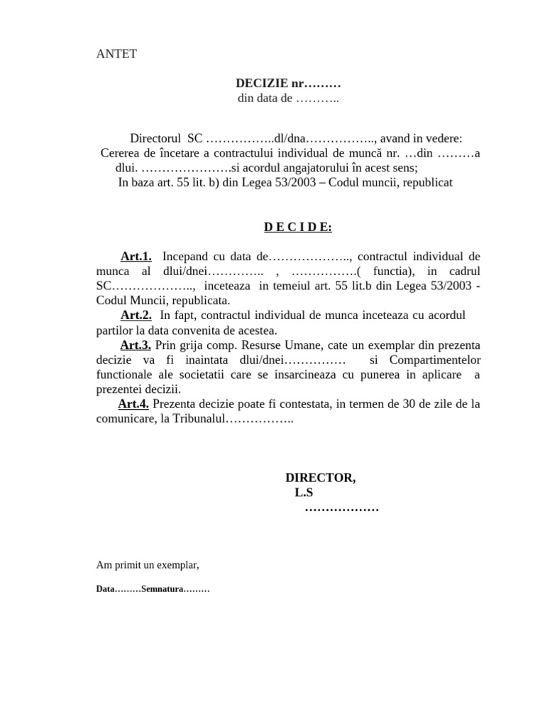 Model Decizie Incetare CIM Acordul Partilor | PDF