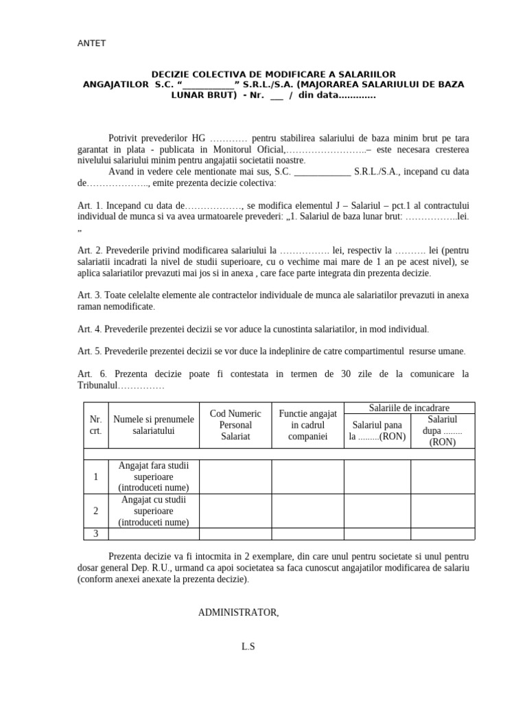 Model Decizie Modificare Salariu Minim Brut | PDF
