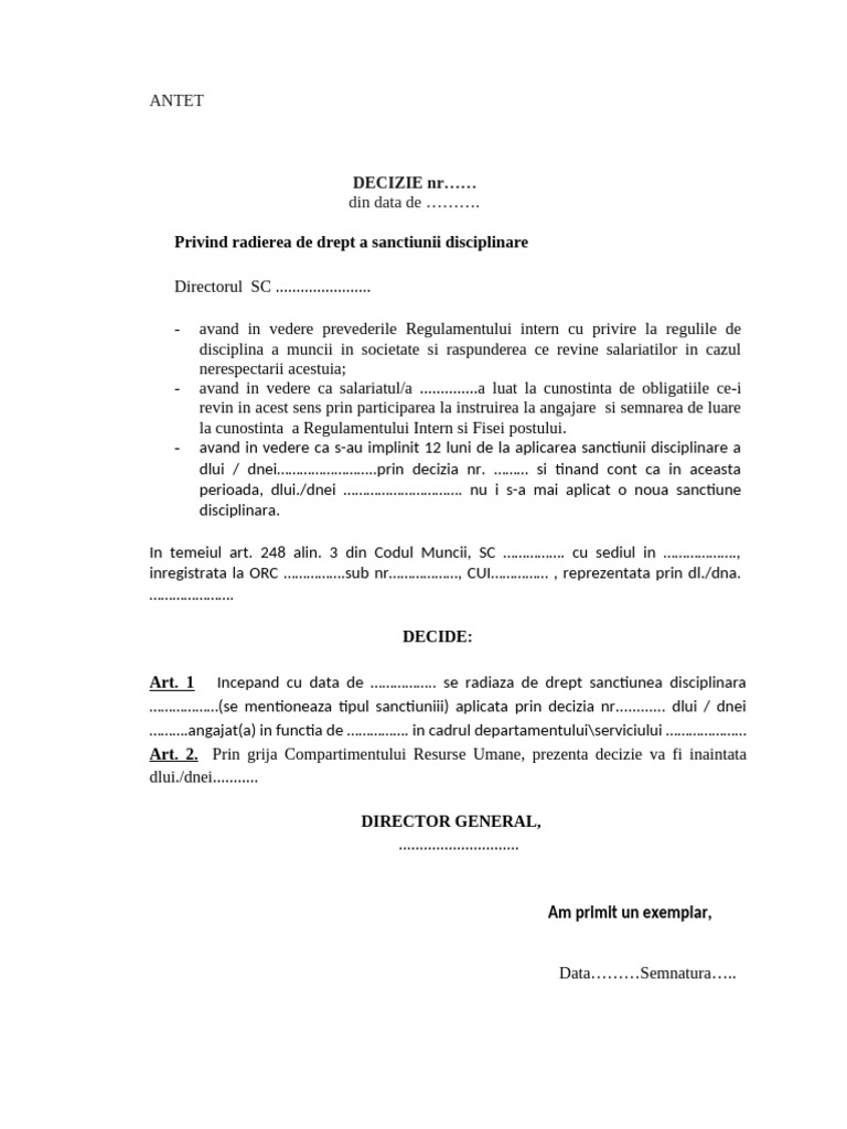 Model Decizie Radiere Sanctiune | PDF