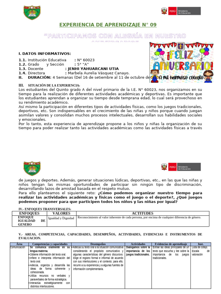 Experiencia de Aprendizaje N 09 | PDF | Aprendizaje | Crecimiento personal y profesional