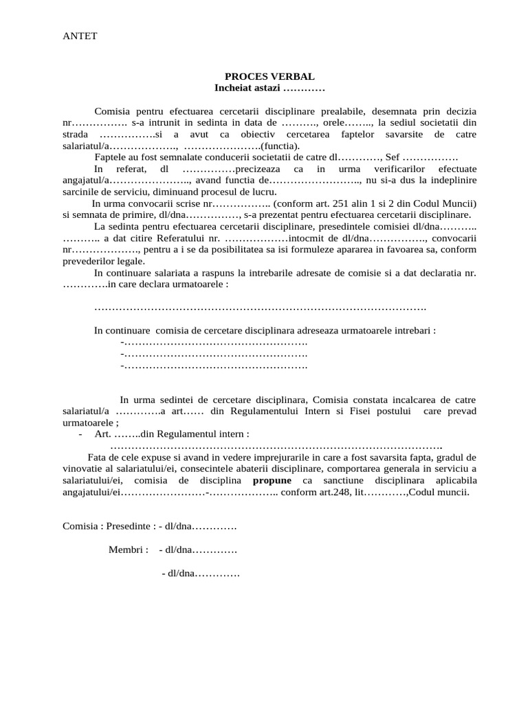 Model Proces Verbal Finalizare Cercetare Disciplinara | PDF