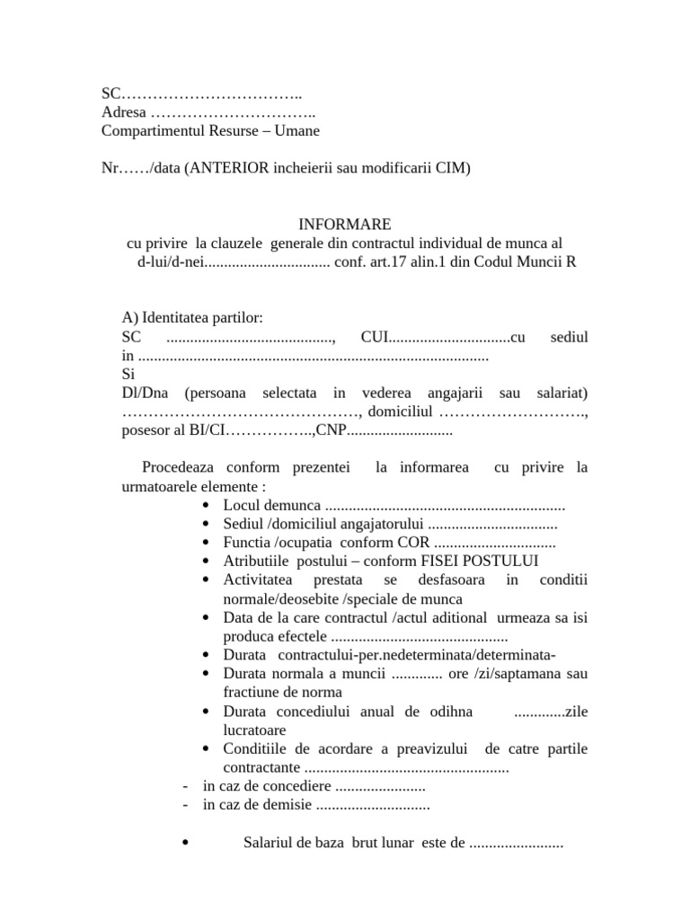 Model Informare Clauze Generale CIM - Art 17 Codul Muncii | PDF