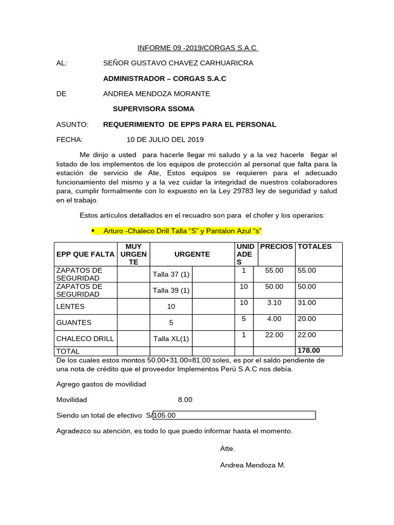 Requerimiento Epp Julio 2019 Corgas N°08 | PDF