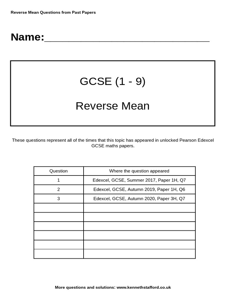 Reverse Mean Past Paper Questions | PDF