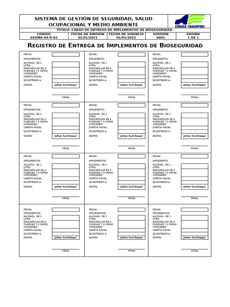 SSOMA-01-R-06 Registro de Entrega de Implementos de Bioseguridad ... SSOMA-01-R-06 Registro de Entrega de Implementos de Bioseguridad ...
