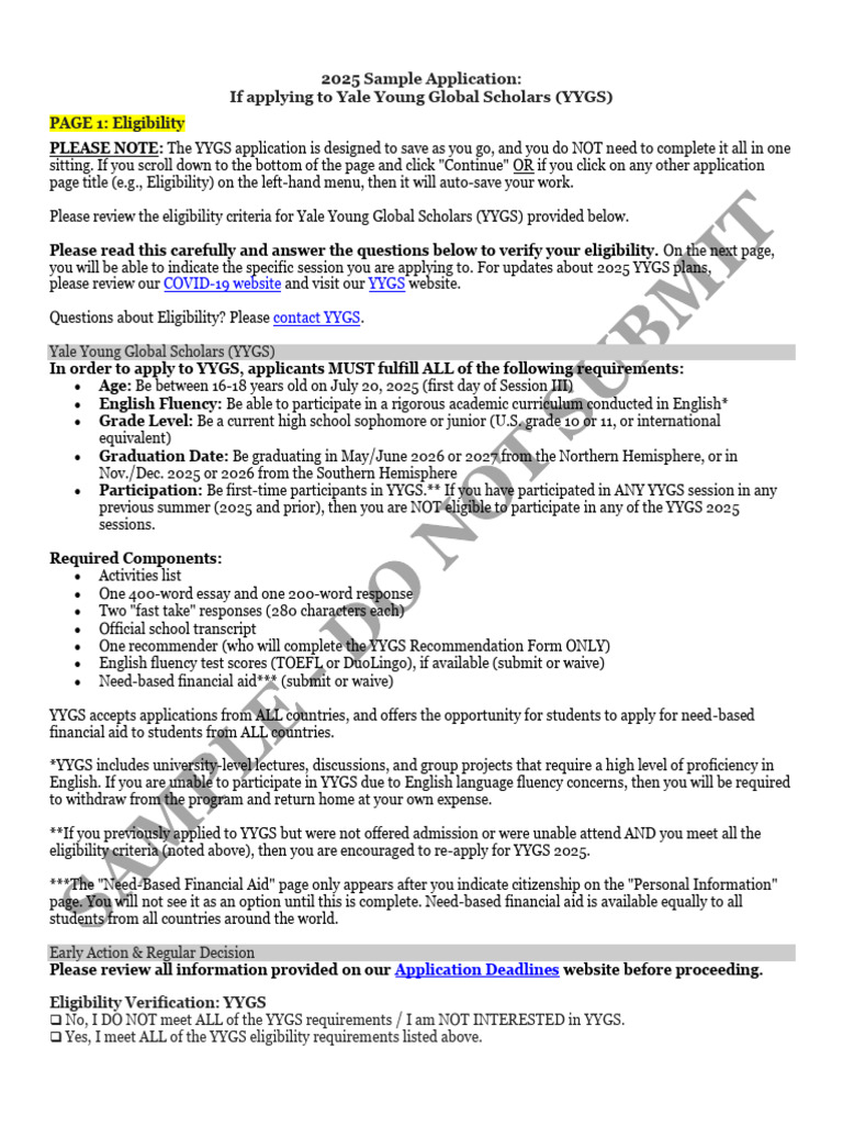 2025 YYGS Application - SAMPLE | PDF