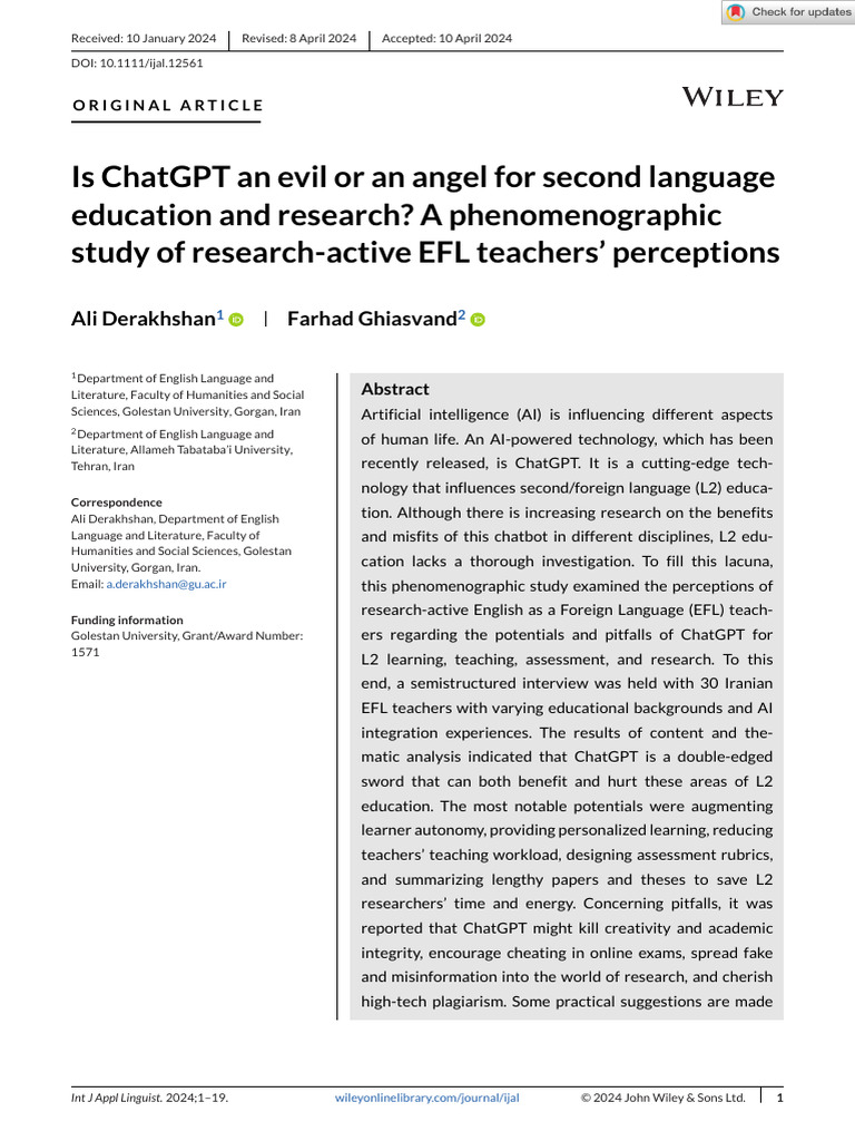 Int J App Linguistics - 2024 - Derakhshan - Is ChatGPT An Evil or An Angel For Second Language ...