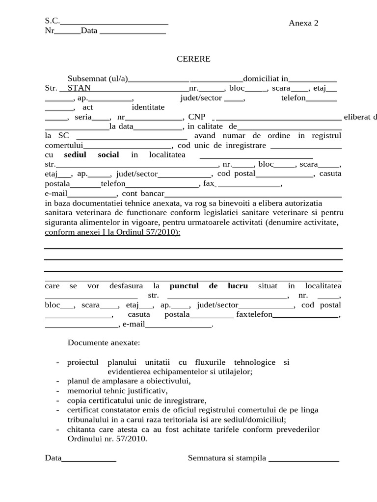 Model de Cerere Pentru Autorizare Sanitara Veterinara | PDF