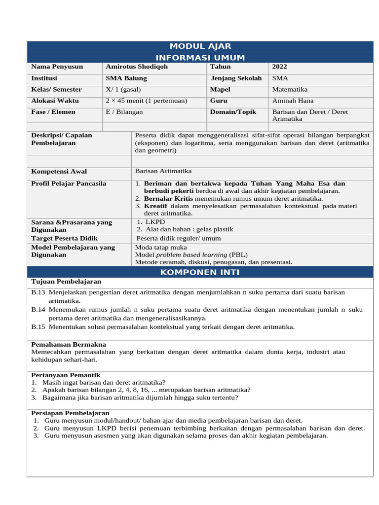 Rpp-Modul-Ajar-Barisan-Dan-Deret (Rev) | PDF