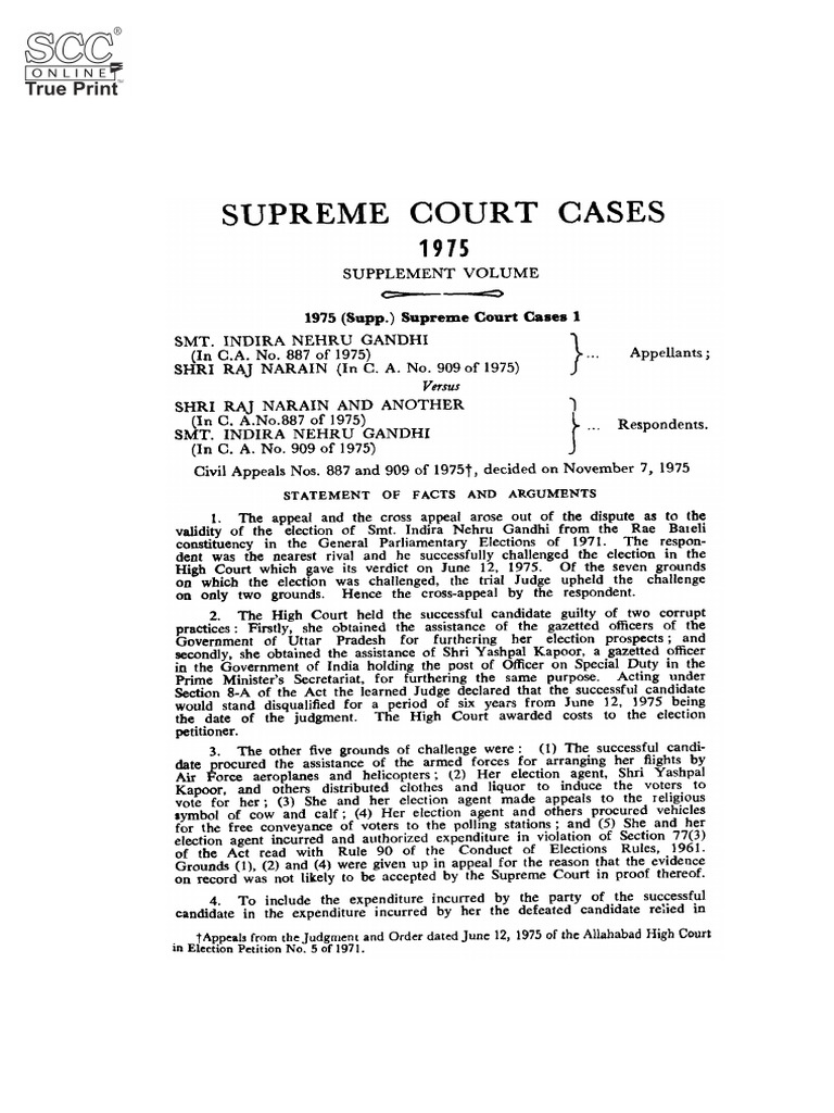 Indira Nehru Gandhi v. Raj Narain, 1975 Supp SCC 1 | PDF