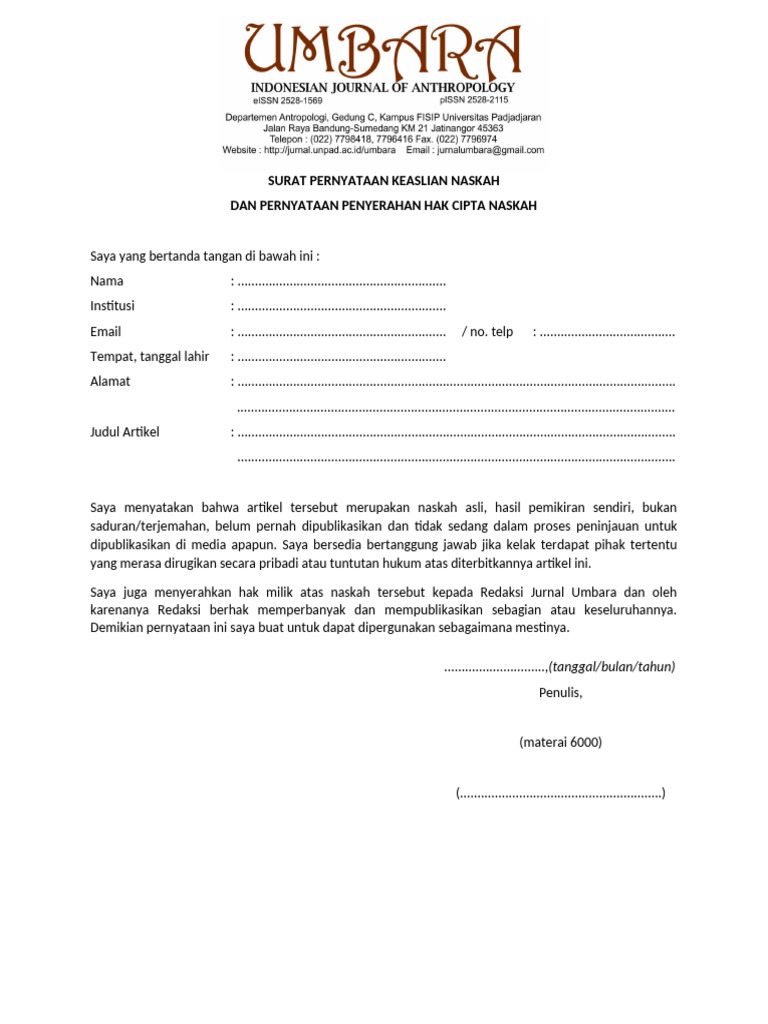 Template Surat Pernyataan Penulis | PDF