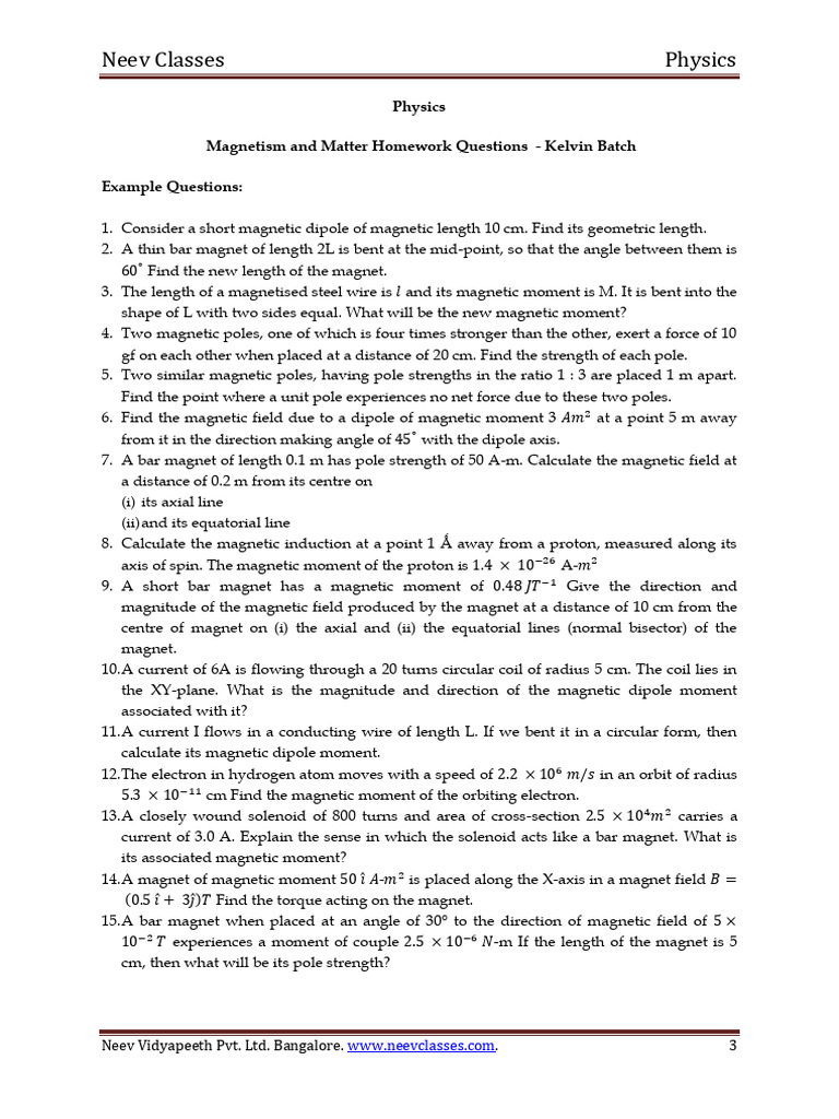 Magnetism and Matter Homework | PDF | Magnetic Field | Magnet