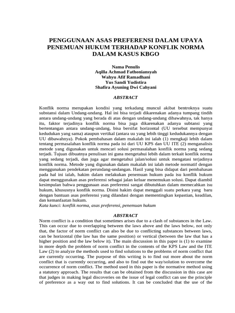 Penggunaan Asas Preferensi Dalam Upaya Penemuan Hukum Terhadap Konflik Norma Dalam Kasus Kbgo | PDF
