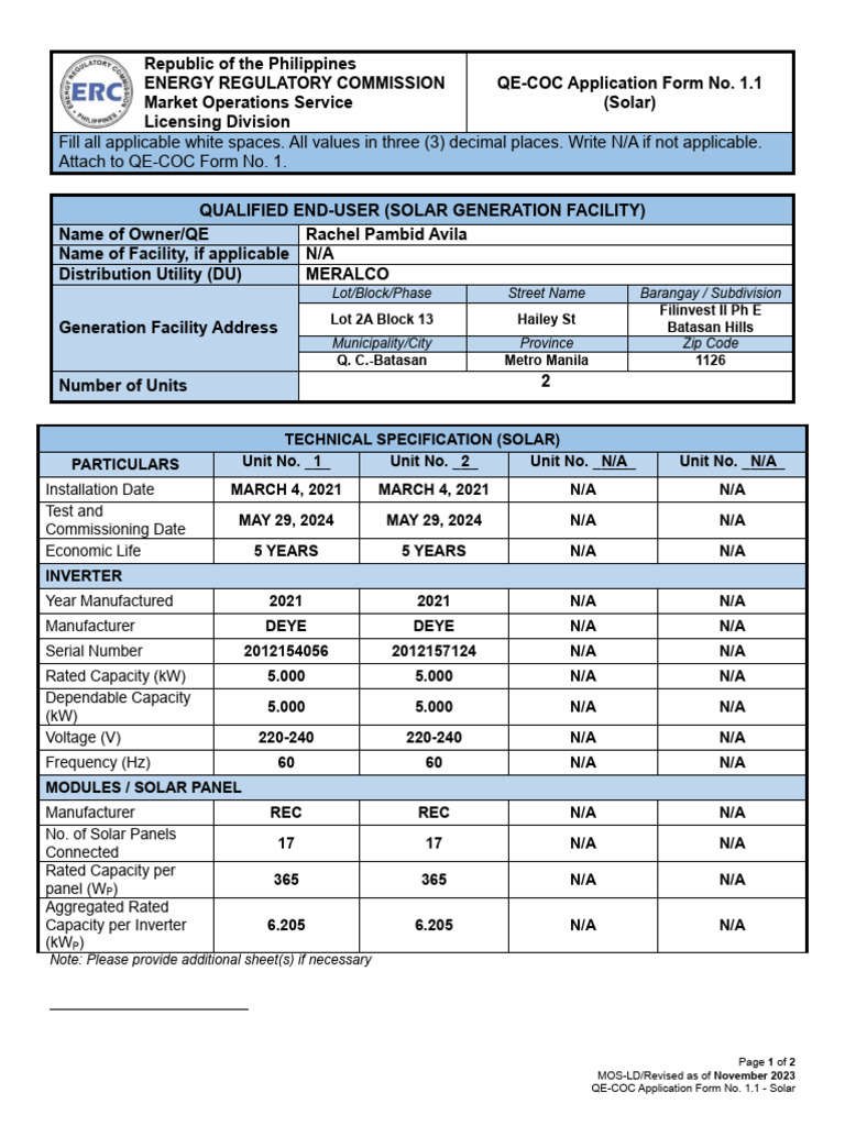 1.1 QE-COC Application Form No.1.1 (Solar) - Vernov2023 - Avila | PDF