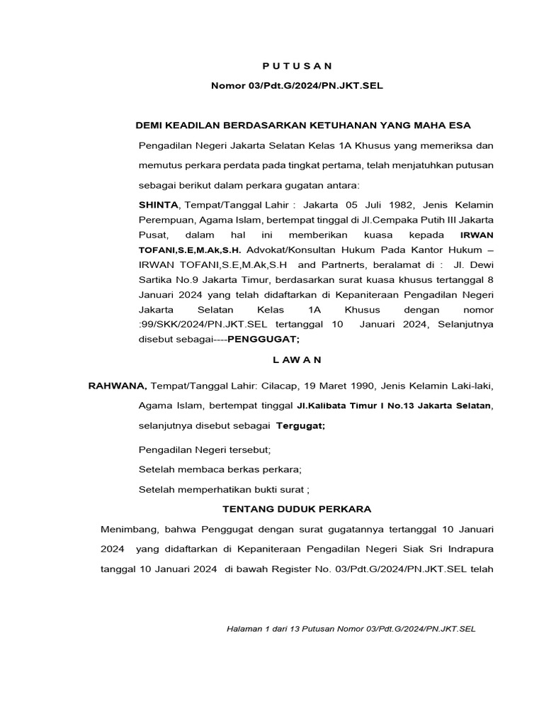 Putusan Perdata 03 PDTG | PDF