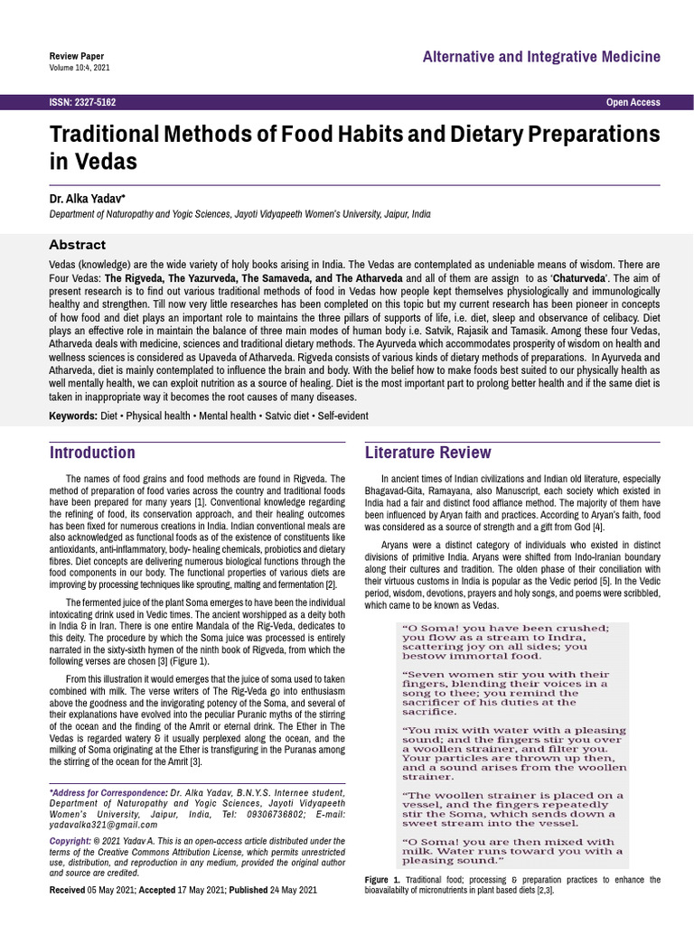 Traditional Methods of Food Habits and Dietary Preparations in Vedas | PDF