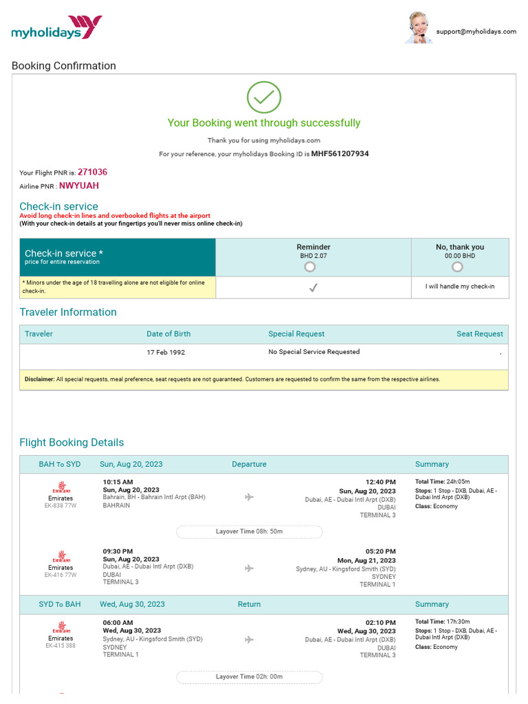 Sydney Return Flight Confirmation | PDF