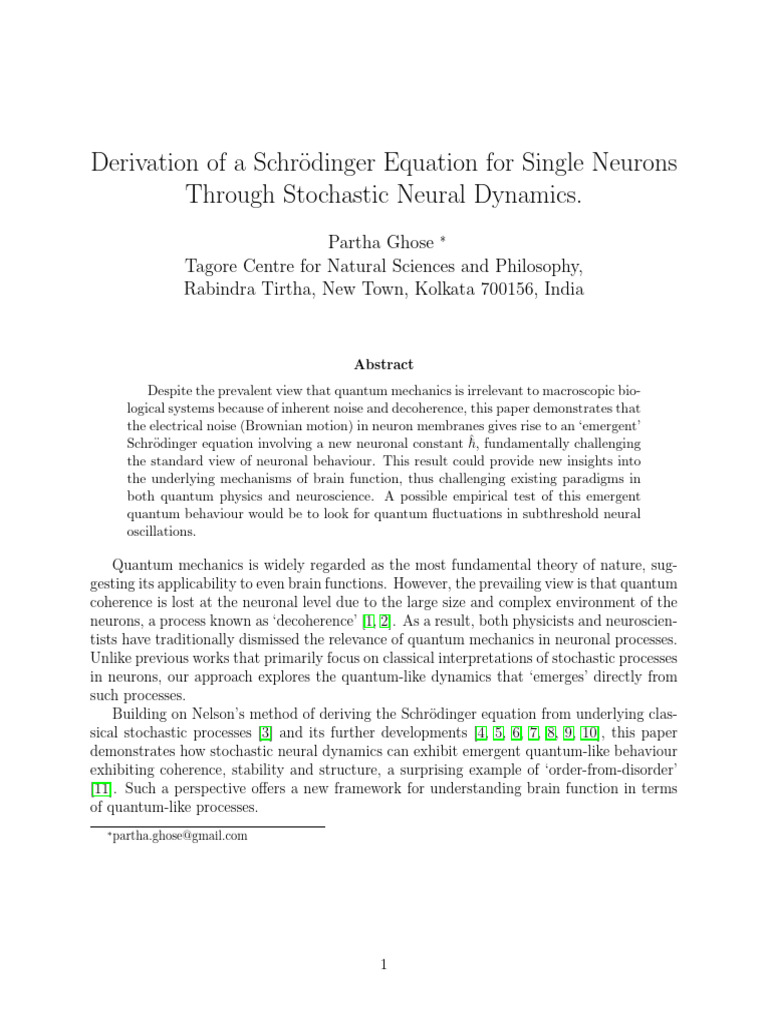 Derivation of A SCHR Odinger Equation For Single Neurons Through Stochastic Neural Dynamics | PDF