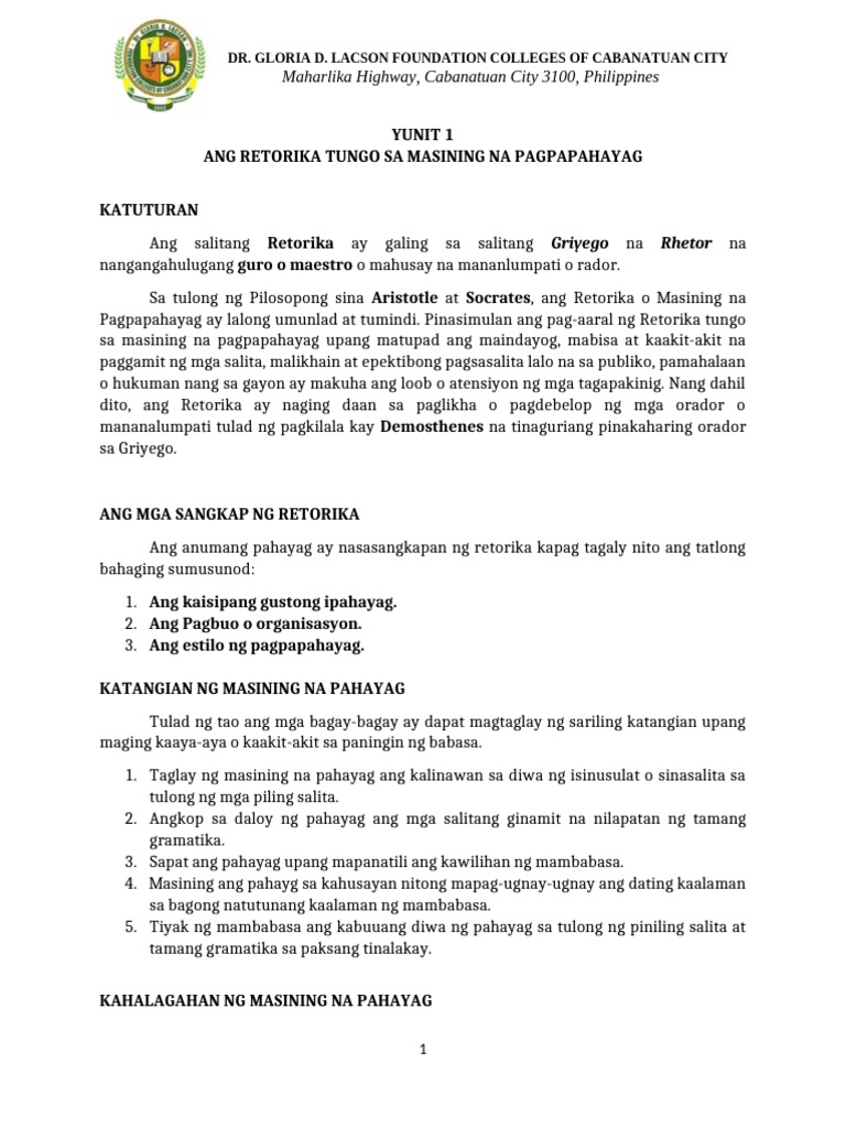 Filipino 1 Yunit 1 | PDF