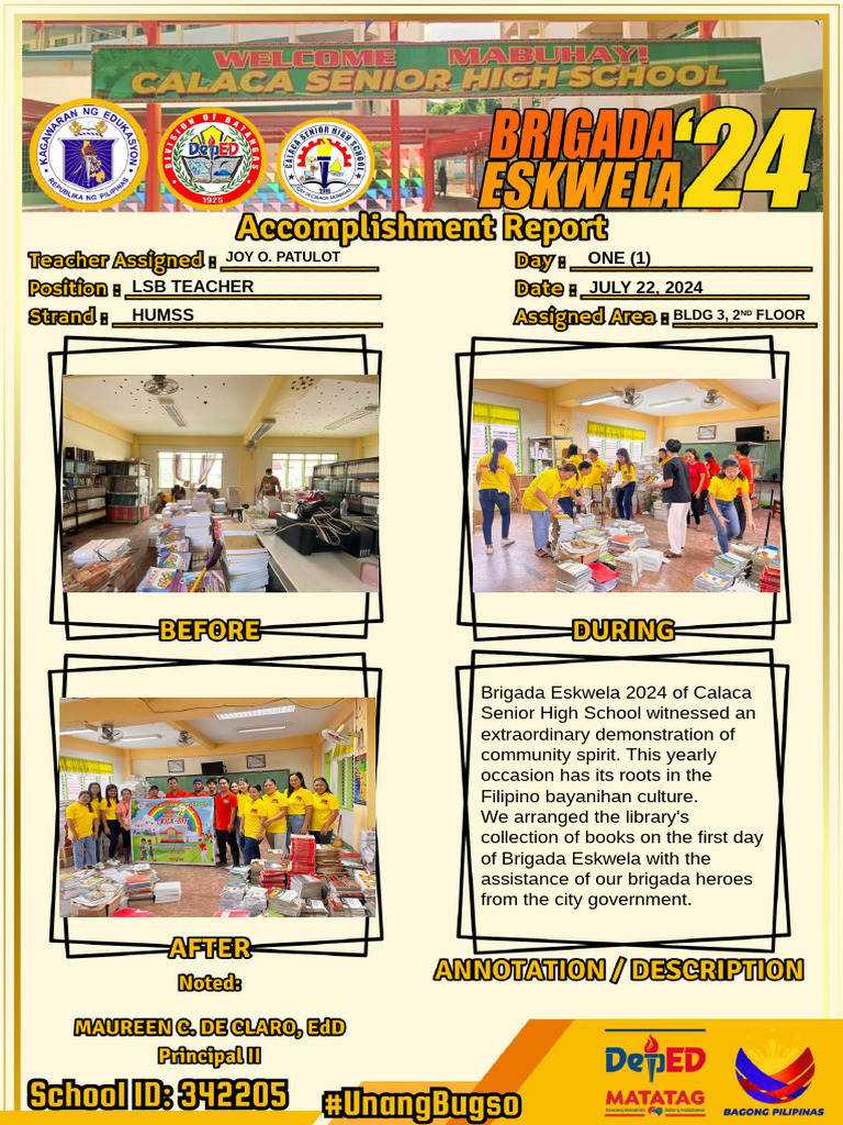 Accomplishment Report Be 2024 2025 Day 1 Day 5 Joy O Patulot Pdf